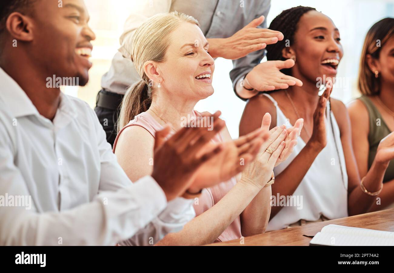 Applause, success and team in celebration in a meeting clapping for ...