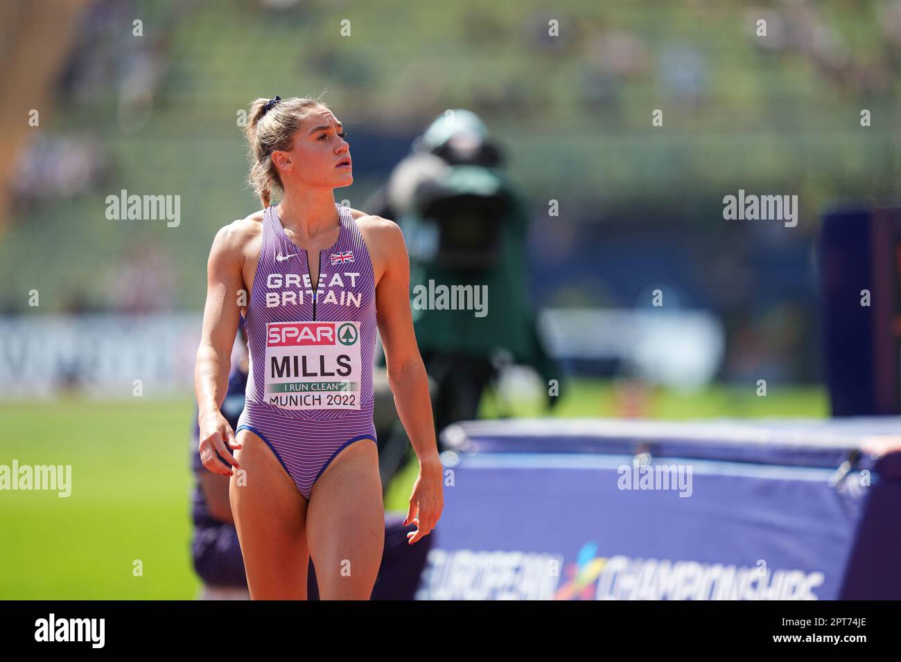 Holly Mills participating in the high jump of the European Athletics Championships in Munich ...