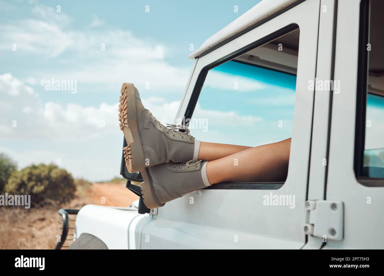 Travel, roadtrip and feet out window of a car, mockup for adventure ...