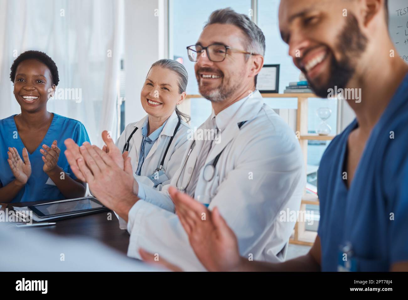 Doctor success, hands applause and medical workers happy and proud of ...