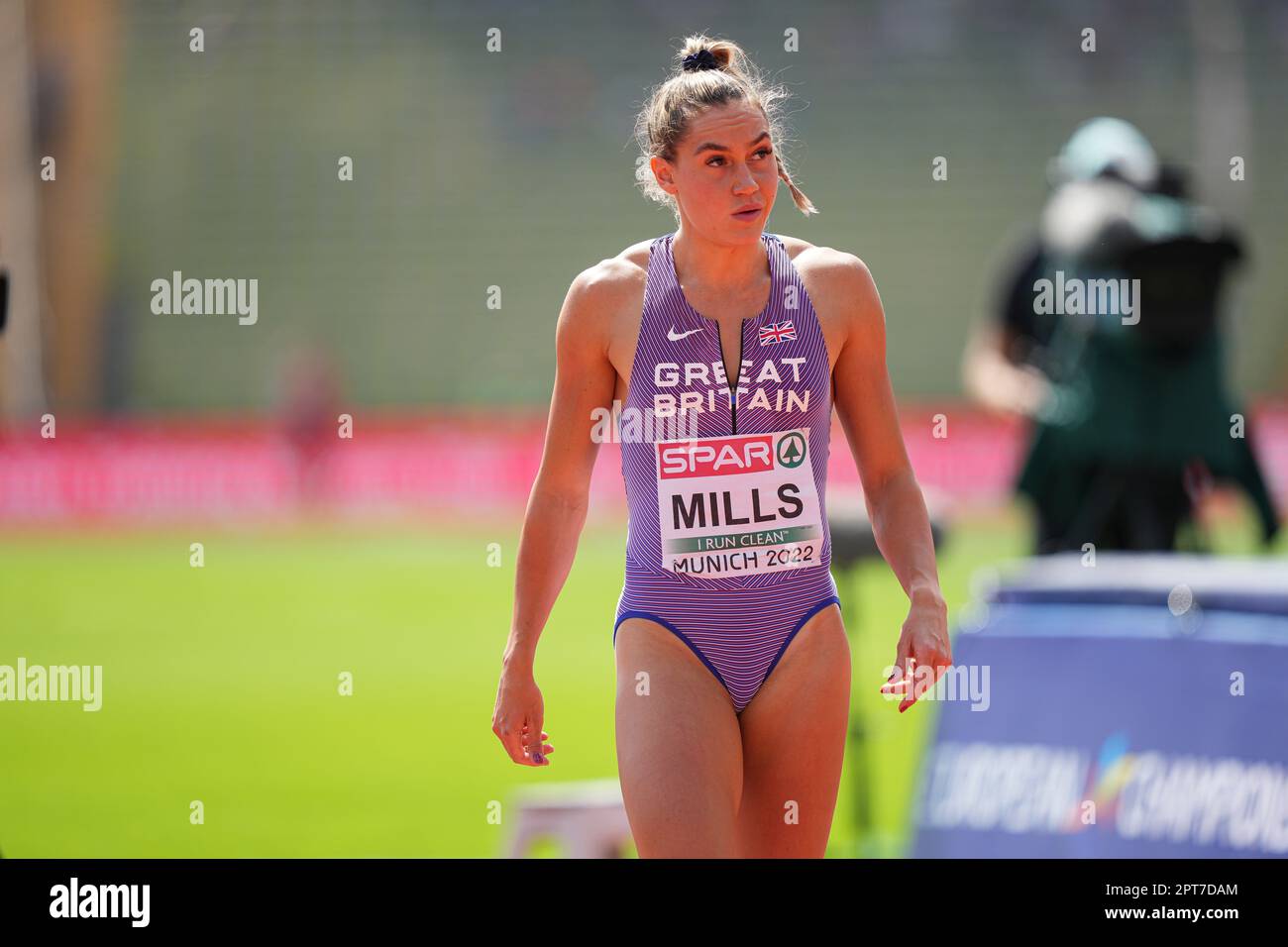 Holly Mills participating in the high jump of the European Athletics Championships in Munich ...