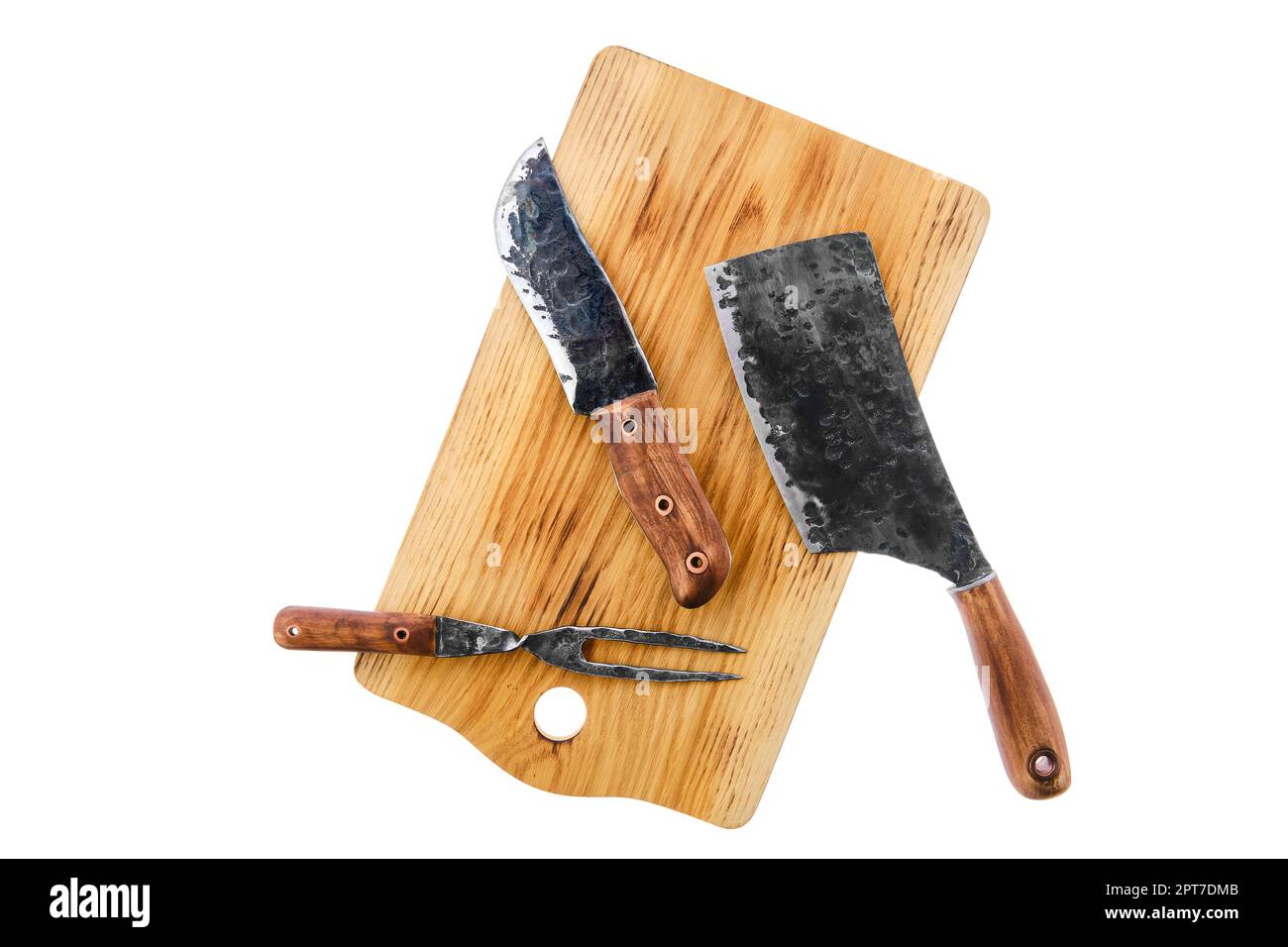 Top view of forged butcher set isolated on white Stock Photo - Alamy