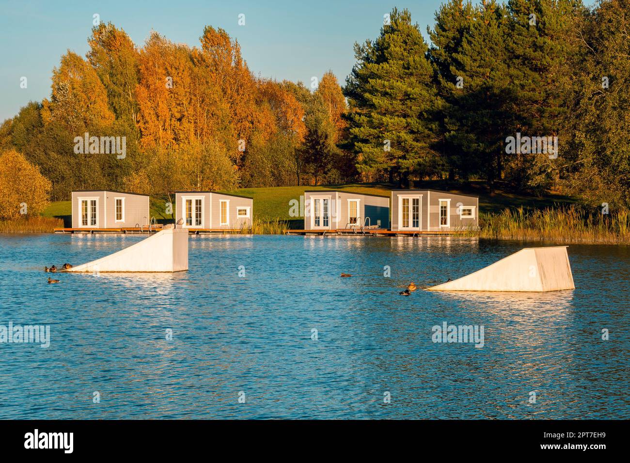 Wakeboard park in a lake. Outdoor and extreme sport. Empty wake park ...