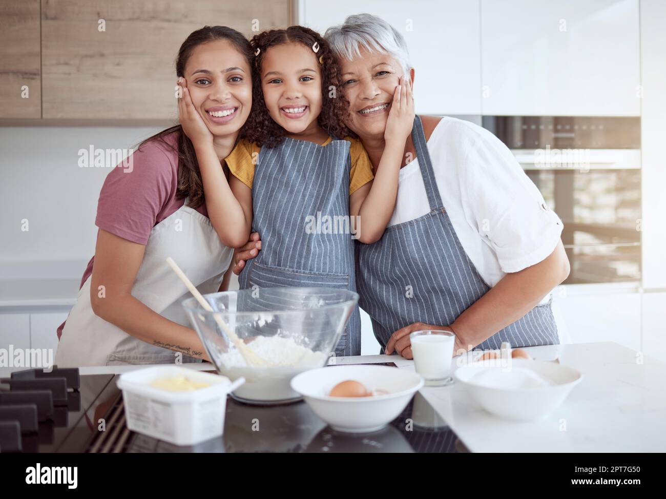 Baking, cooking or girl bonding with family in kitchen for breakfast ...