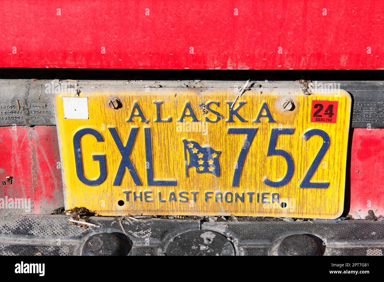 Number plate The Last Frontier, Kodiak Island, Alaska, USA Stock Photo ...