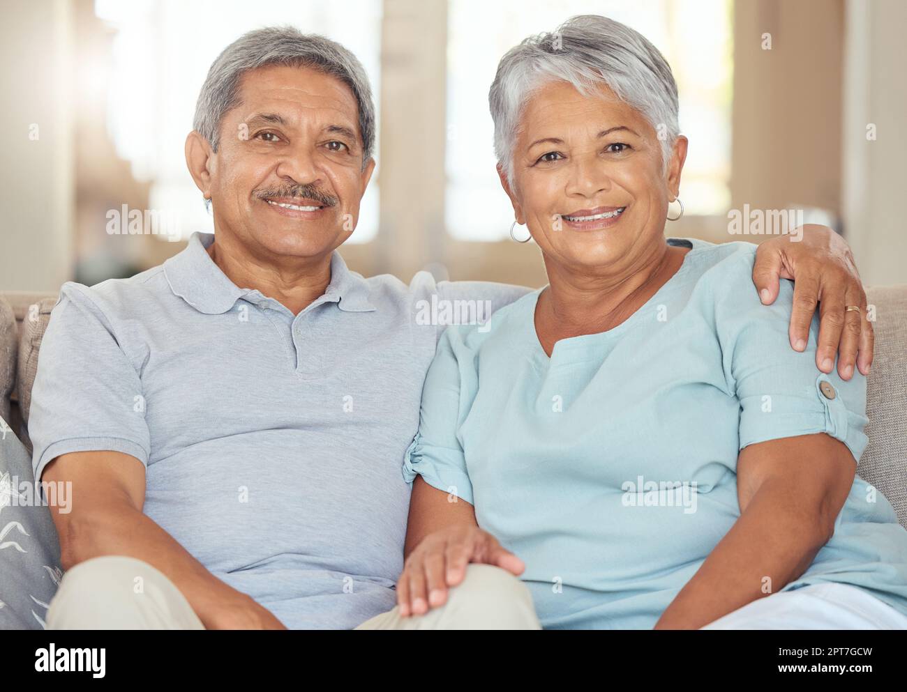 Retirement couple, portrait and relax sofa lounge, love and living room ...