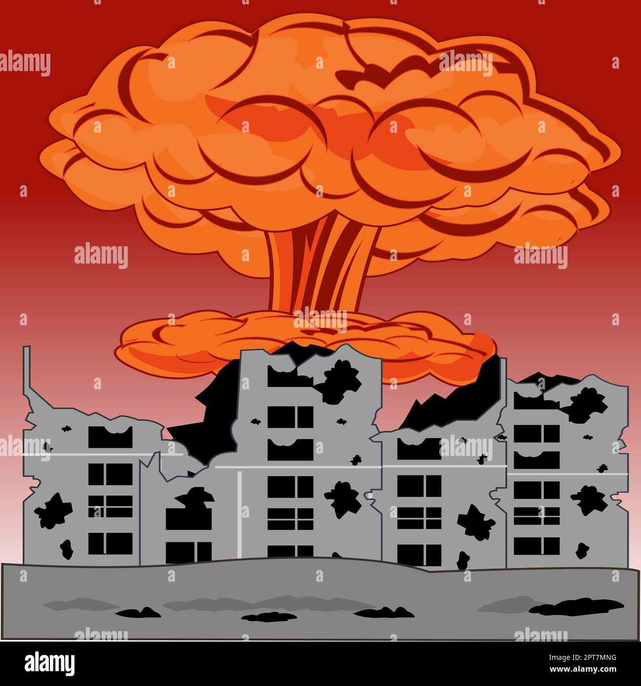Illustration of the blast of the nucleus bomb and destroyed buildings ...