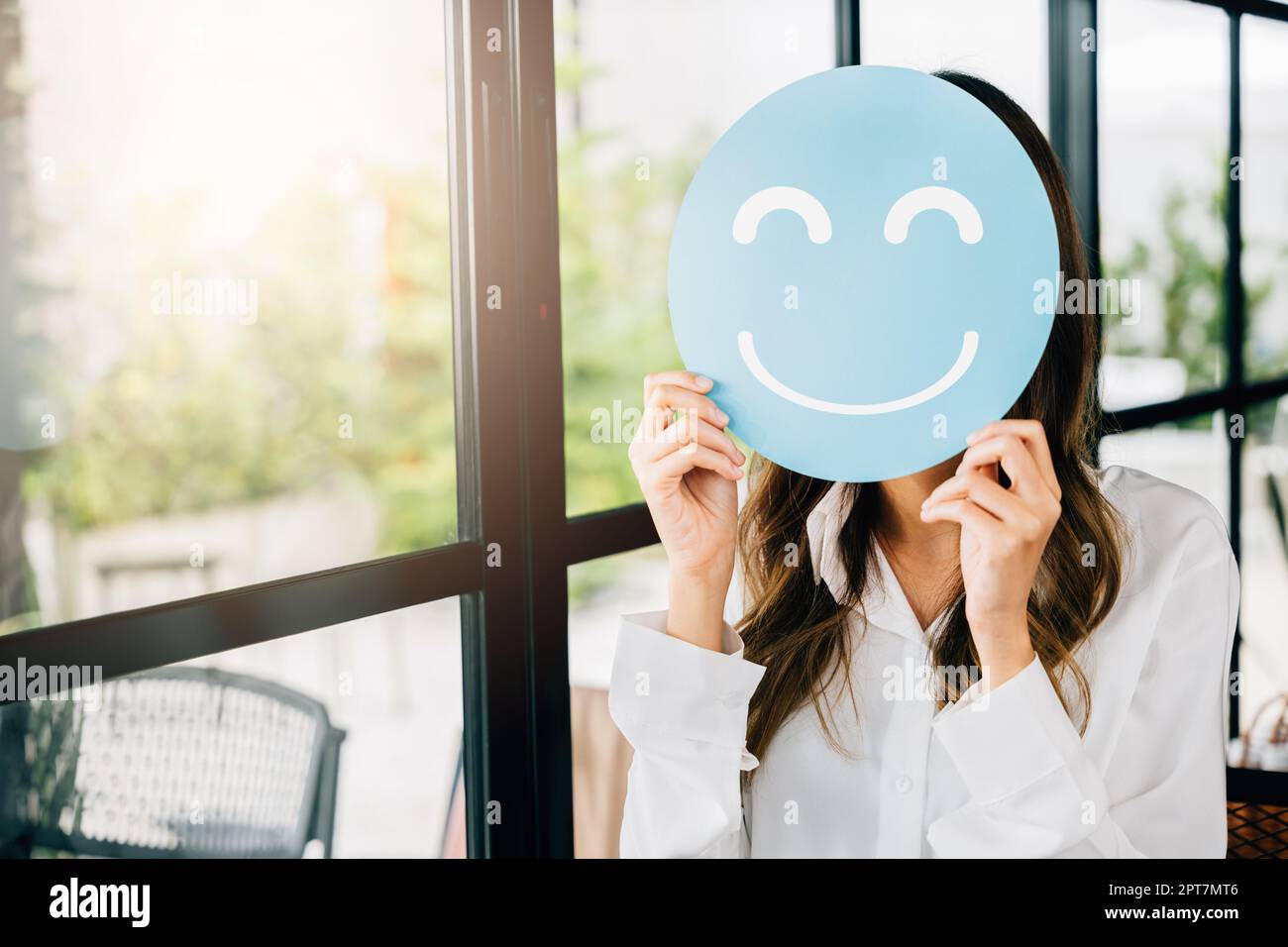 Customer experience review. Female holding smile emoji, Happy business ...