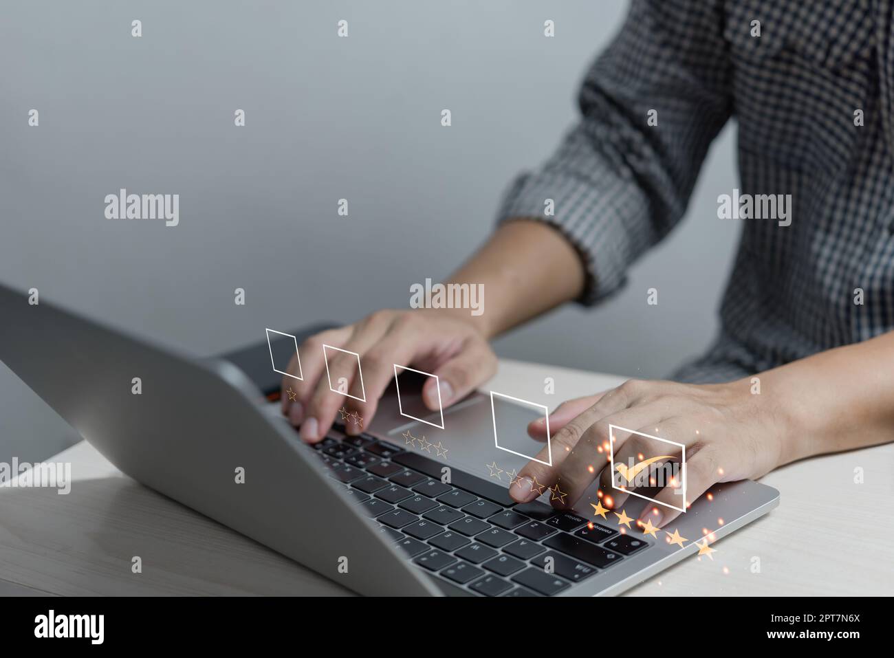 Business people use laptop computers survey and rate satisfaction give ...