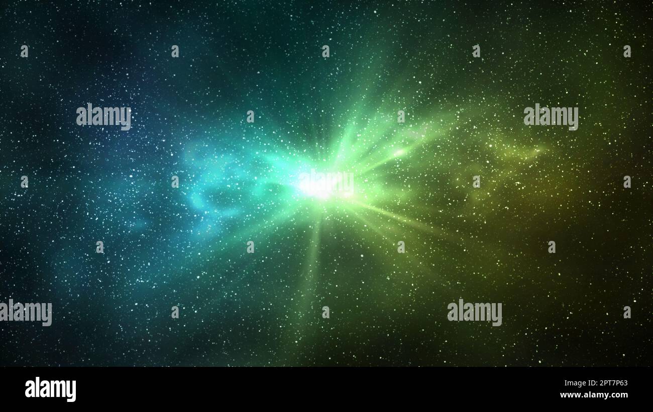 Burst of light in space. Night starry sky and bright yellow green ...