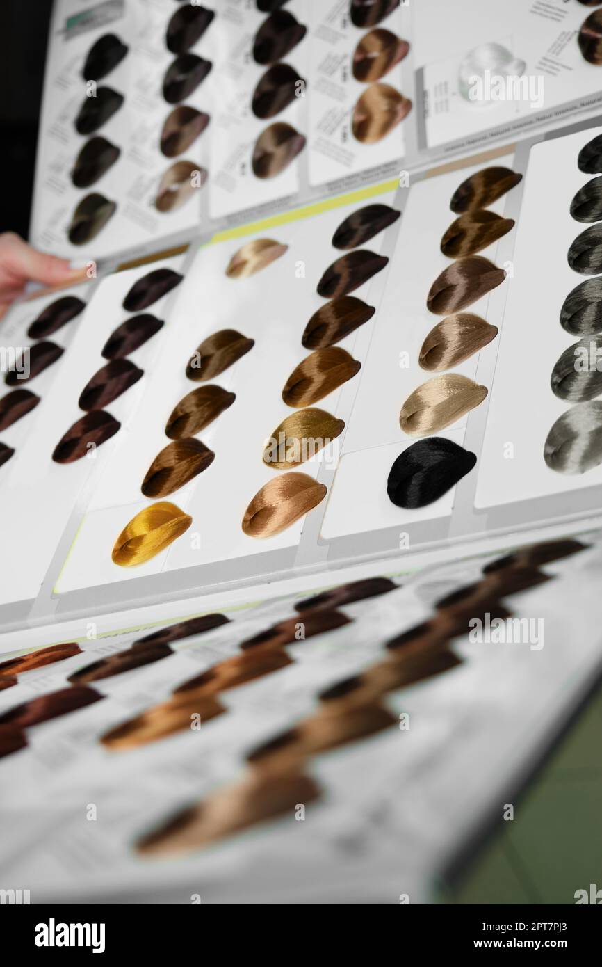 Close-up color palette for hair coloring in hairdresser's salon Stock ...