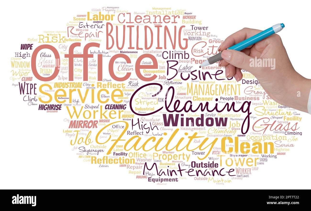 Big word cloud with words office cleaning with pen in hand Stock Photo ...