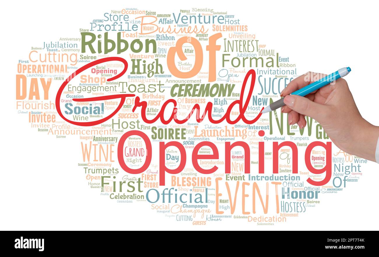 Big word cloud with words grand opening with hand and pen Stock Photo ...