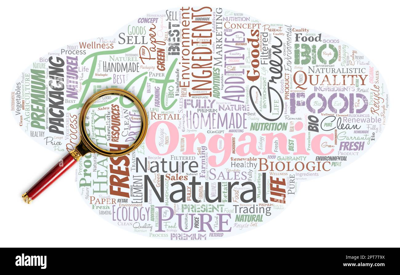 Word cloud in the shape of UFO with zoom glass with words eat organic ...