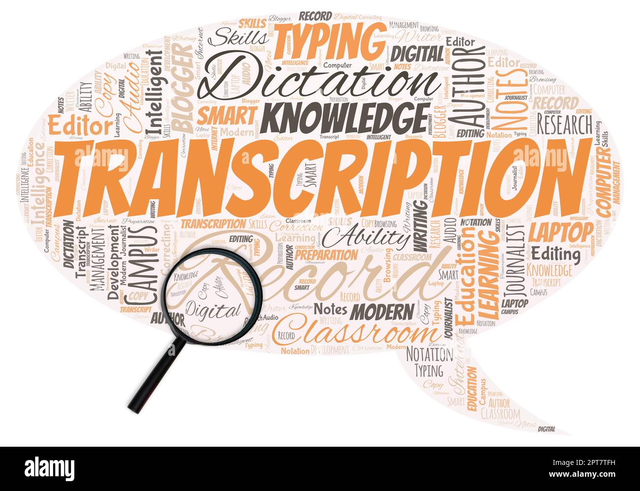 Big word cloud with magnifying glass with word transcription Stock ...