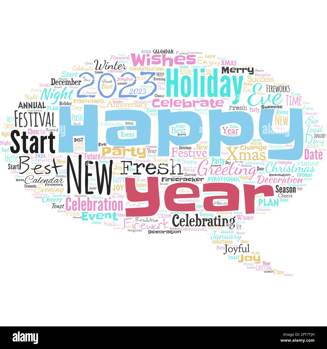 Big word cloud in the shape of chat box with words Happy New Year 2023 ...