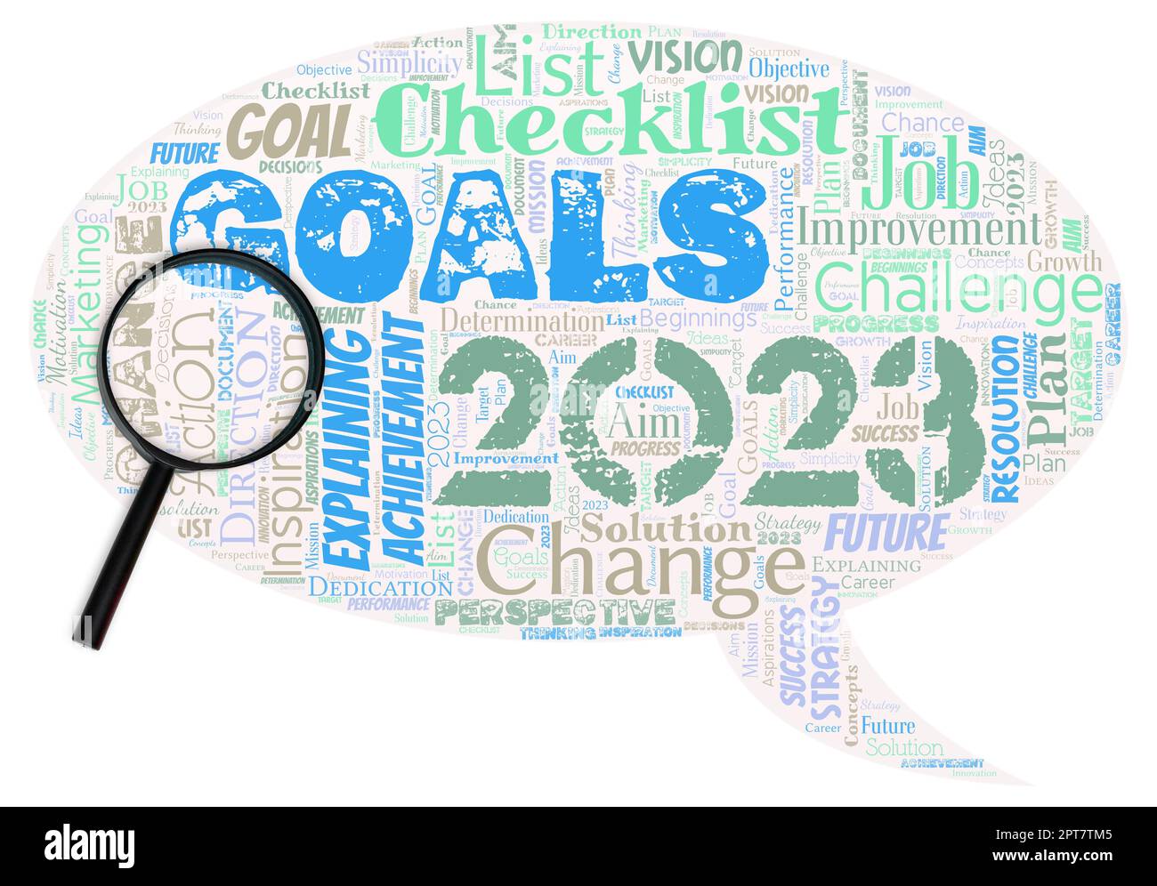 Word cloud in the shape of chat box with zoom glass with words goals ...