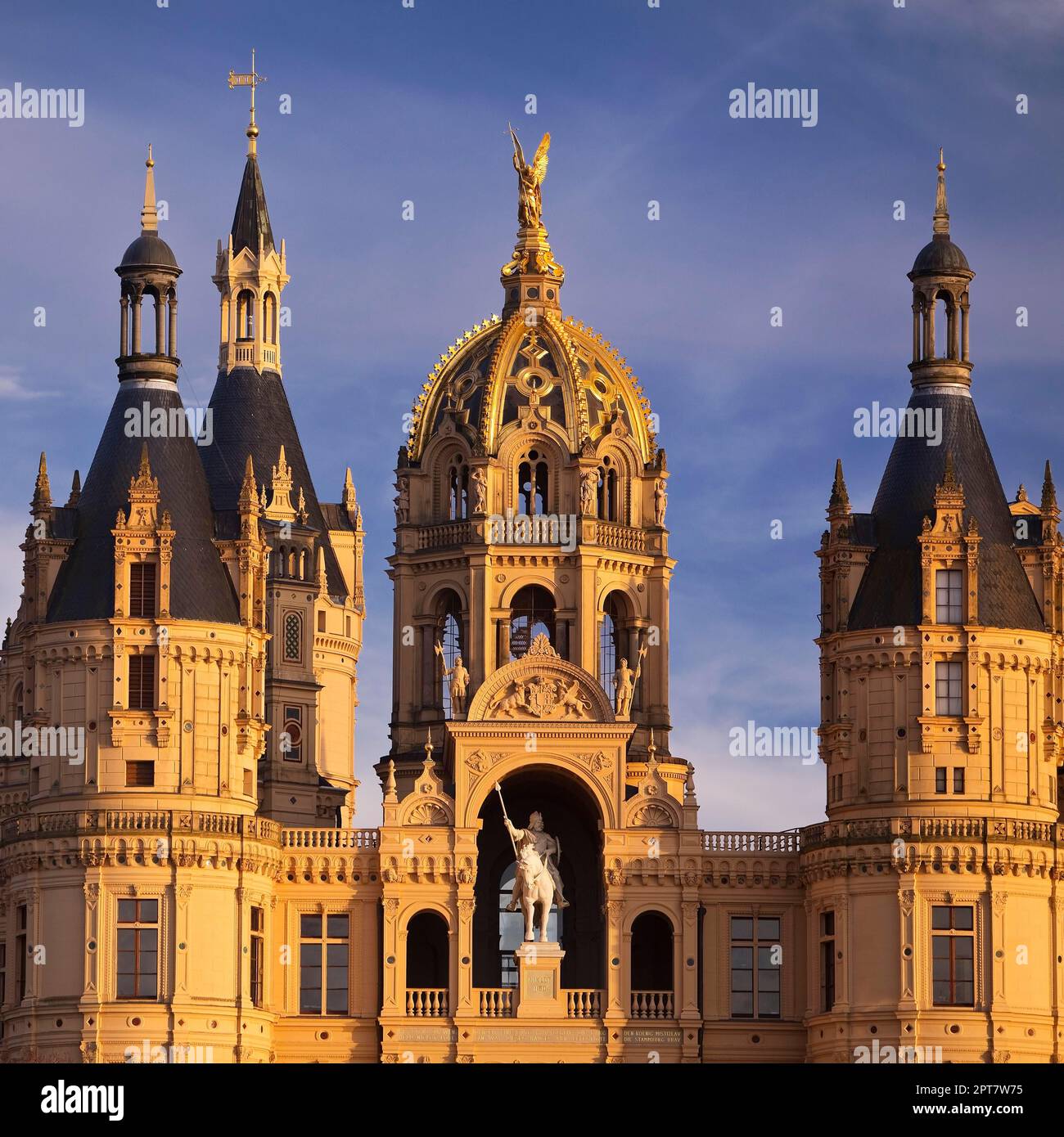 Facade with Archangel Michael and equestrian statue of Prince Niklot ...