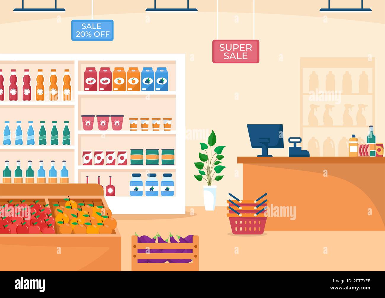 Grocery Store or Supermarket with Food Product Shelves, Racks Dairy ...