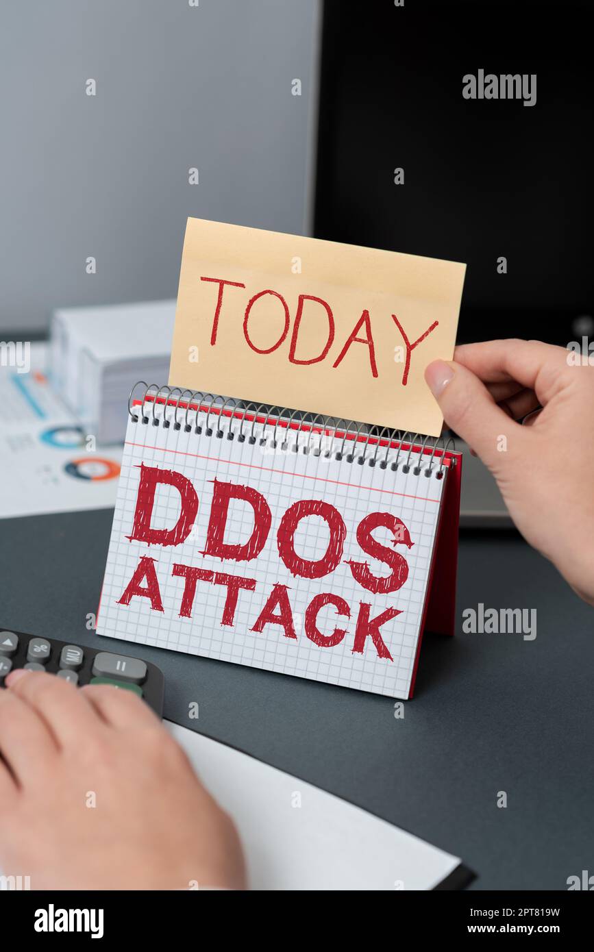 Conceptual display Ddos Attack, Word Written on disturbed access to the ...