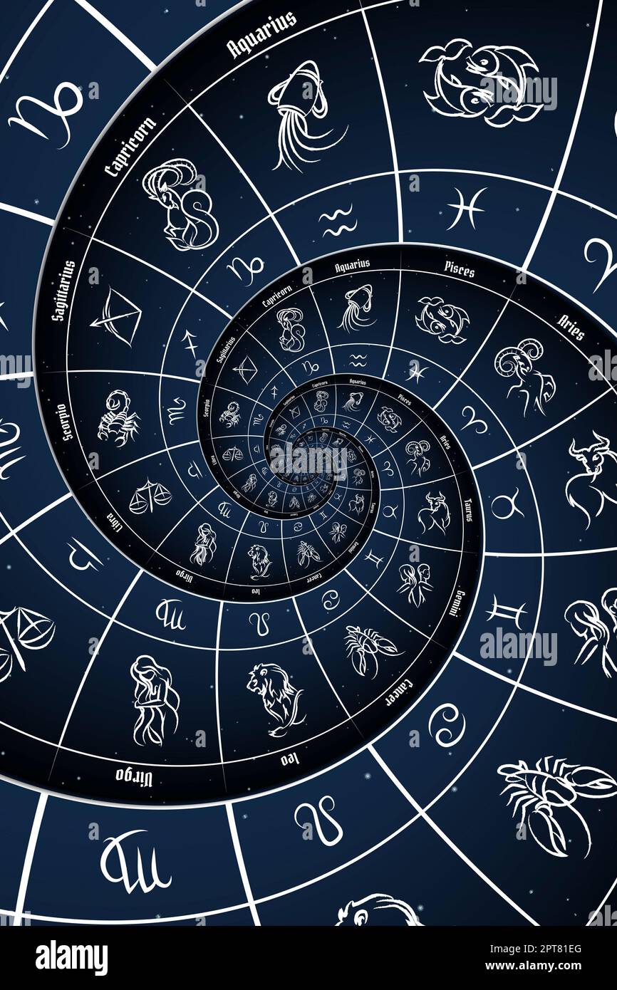 Astrological background with zodiac signs and symbol - blue Stock Photo ...