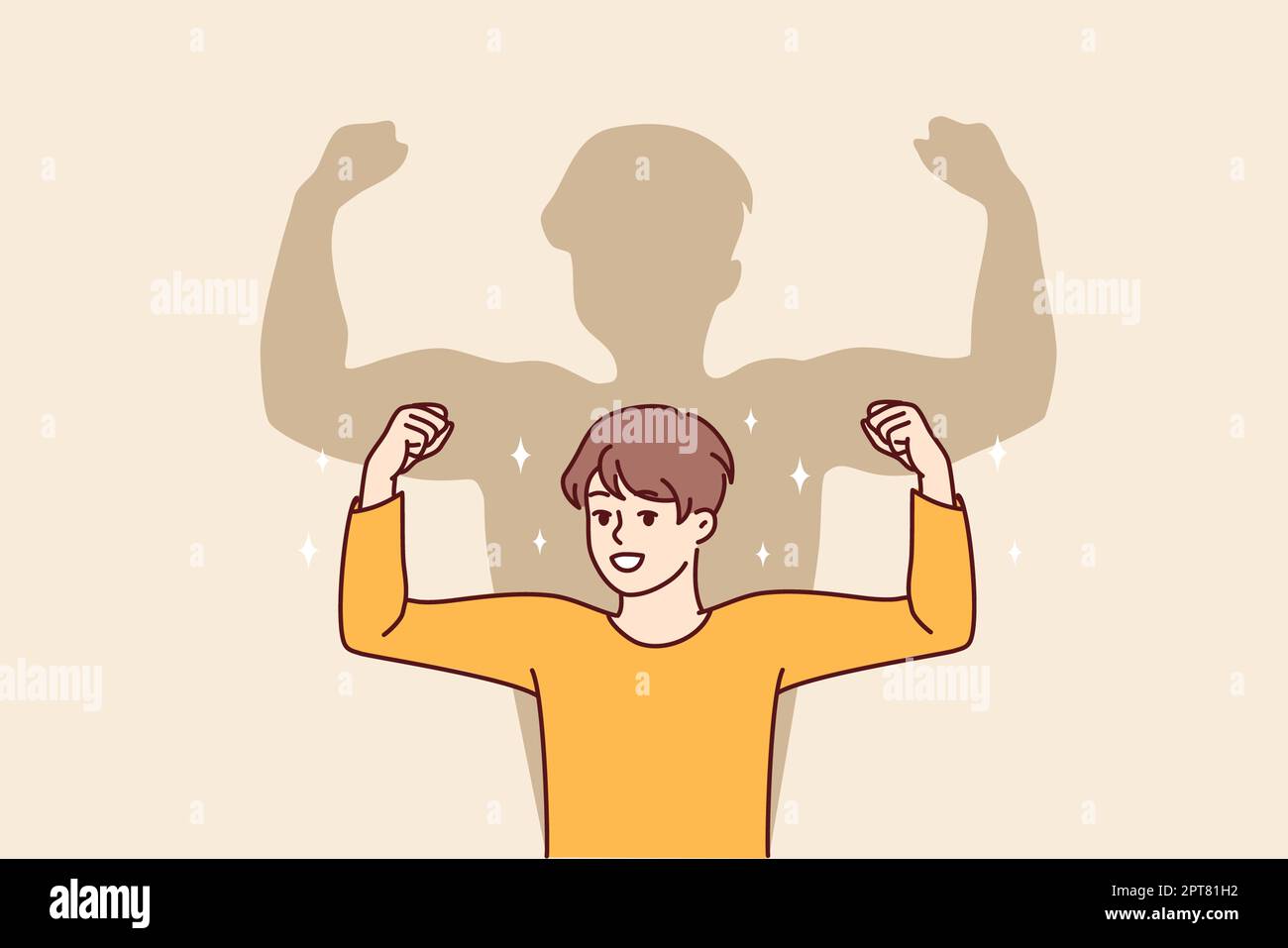 Smiling boy child show muscles dream of becoming big and strong. Happy ...