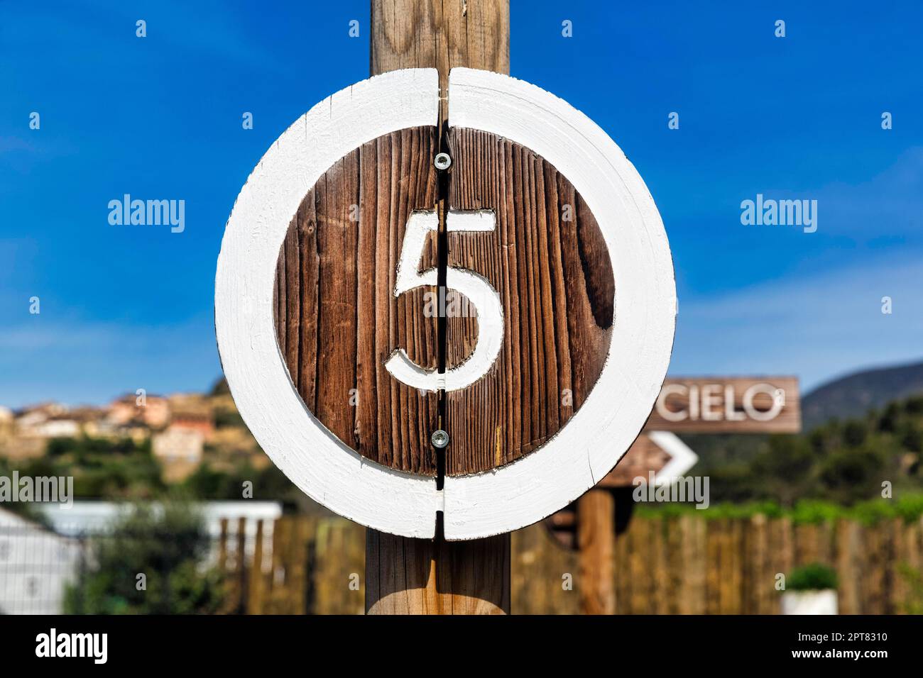 Homemade wooden traffic sign, number 5, drive slowly, walking speed ...