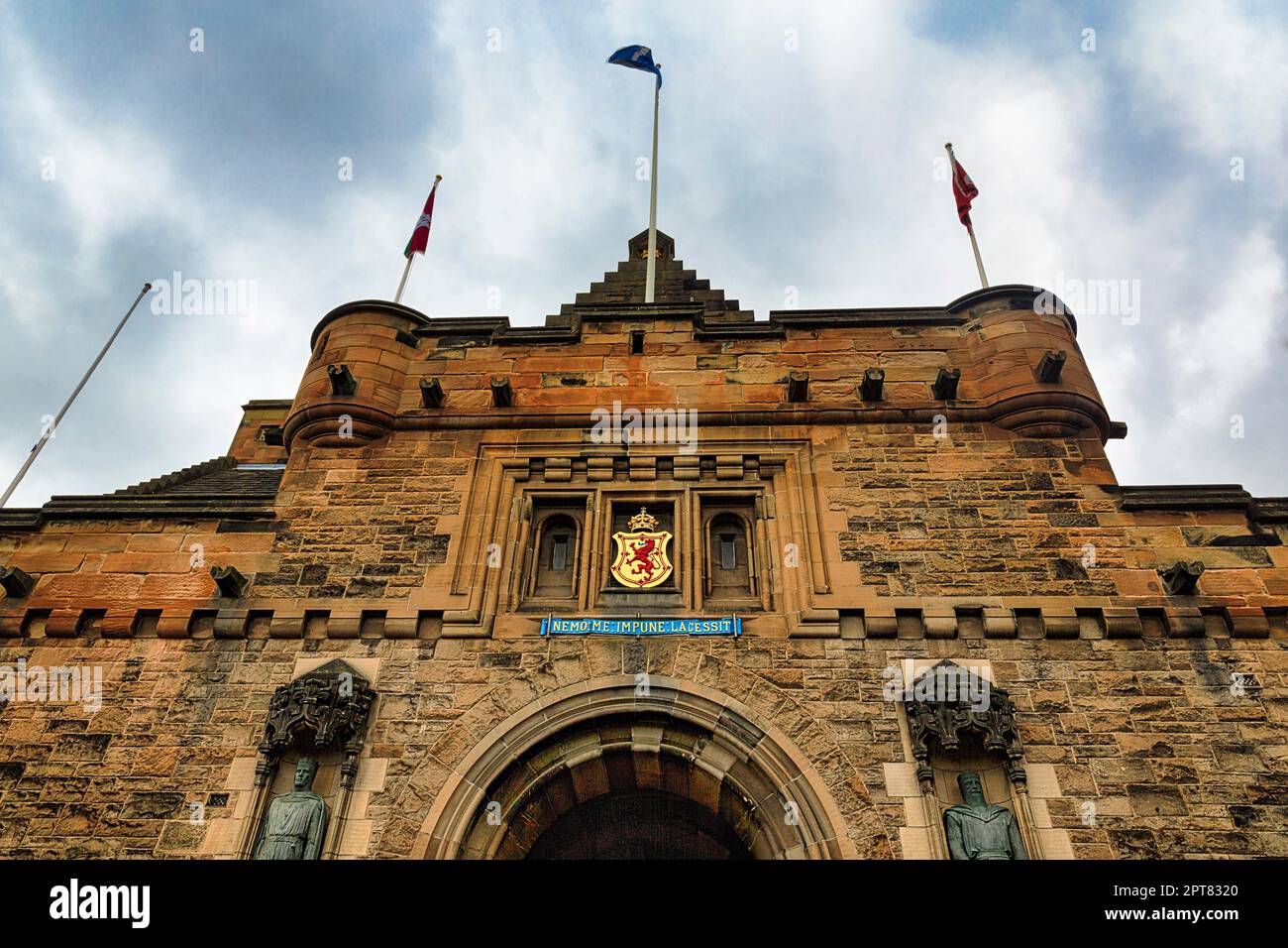 Edinburgh Castle, entrance gate with royal coat of arms and inscription ...