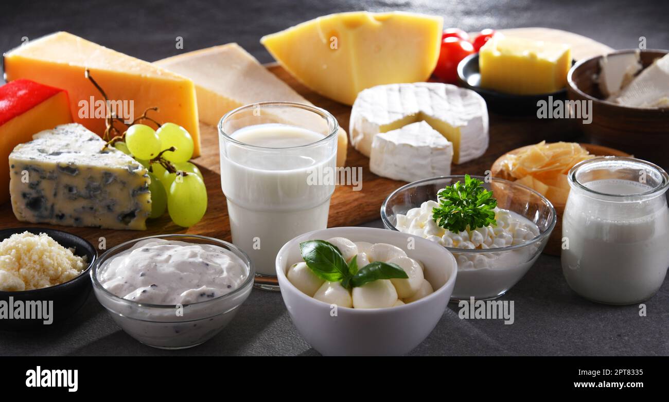 A variety of dairy products including cheese, milk and yogurt Stock ...