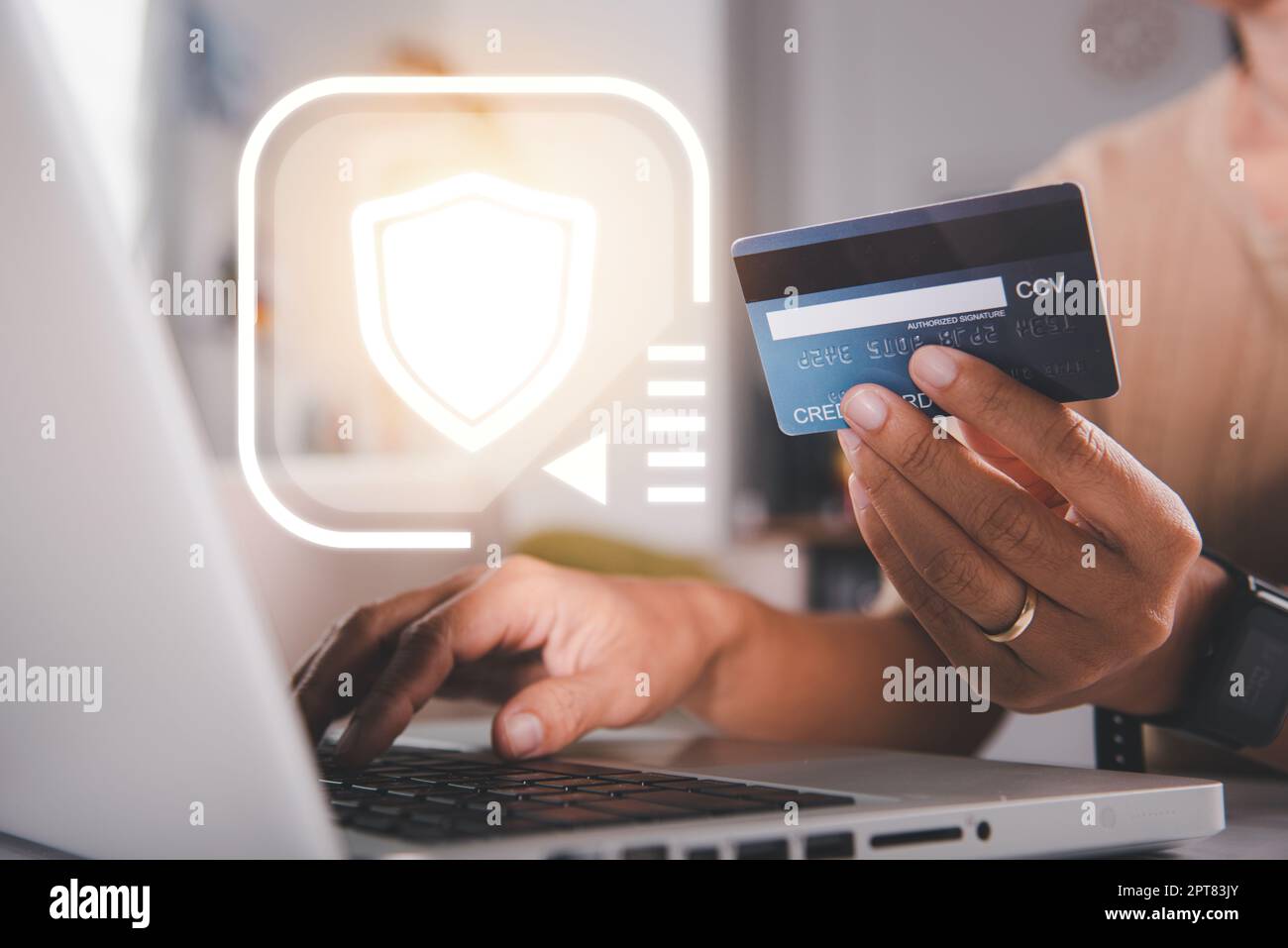 Female register via credit cards on computer make electronic payment ...