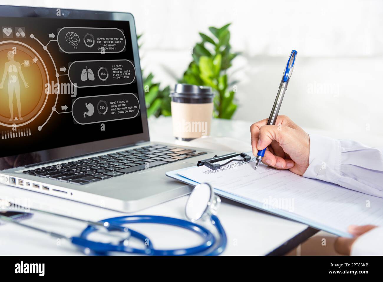 Doctor or nurse in uniform with stethoscope writing something ...