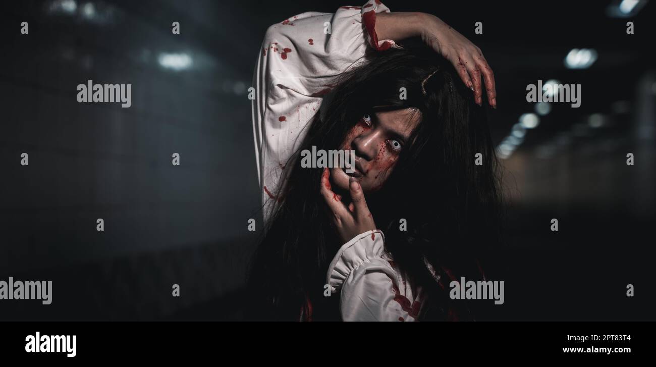 Horror bloodthirsty woman ghost or zombie she is horror scary with ...