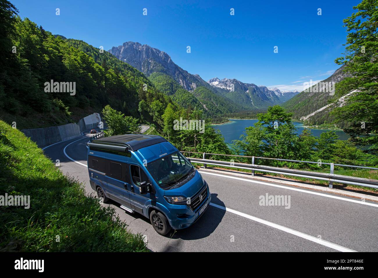 Motorhome on the pass road to Slovenia, Lago del Predil, Raibler See ...