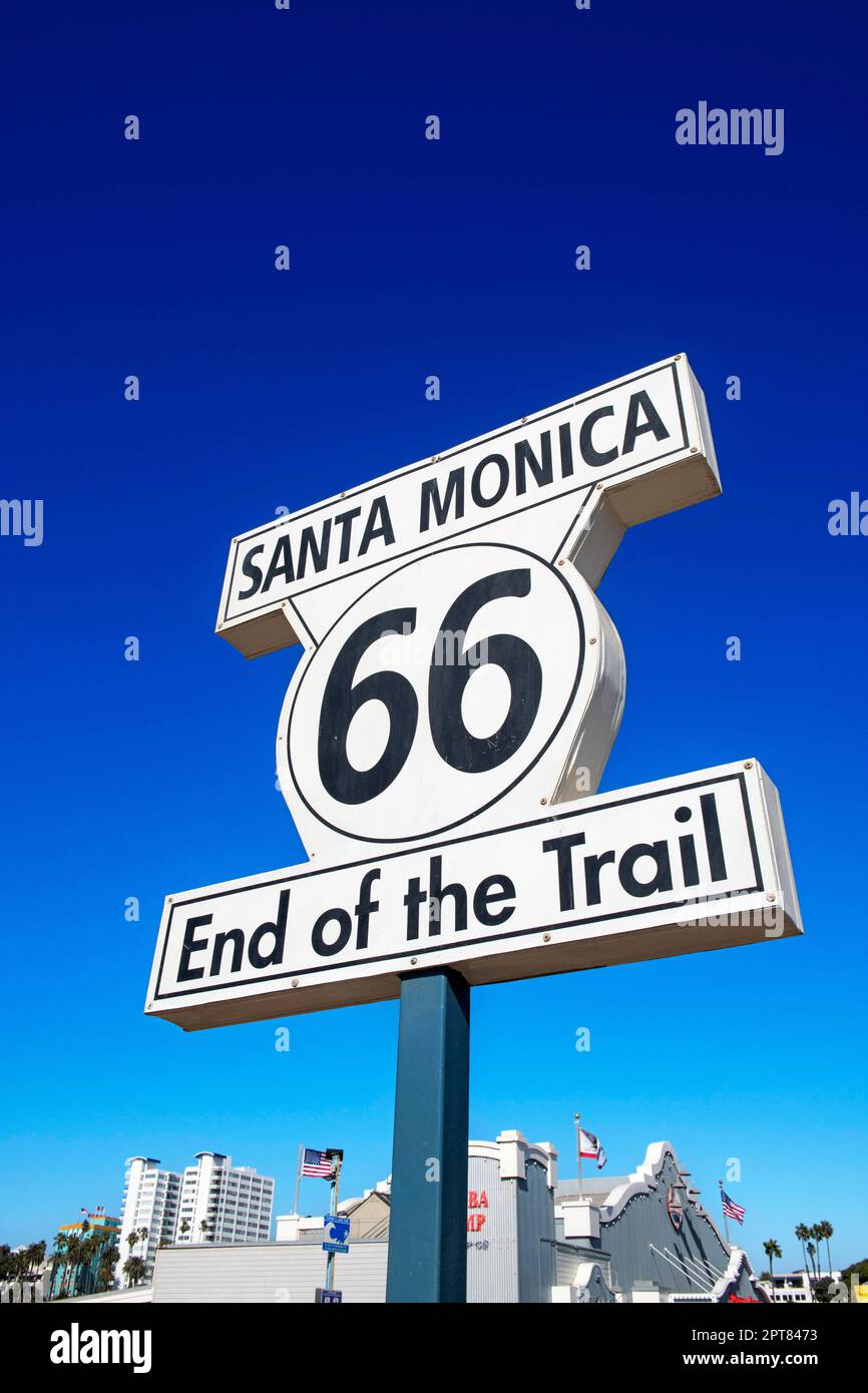 Sign, End of Route 66, Santa Monica Beach, Los Angeles, California, USA ...