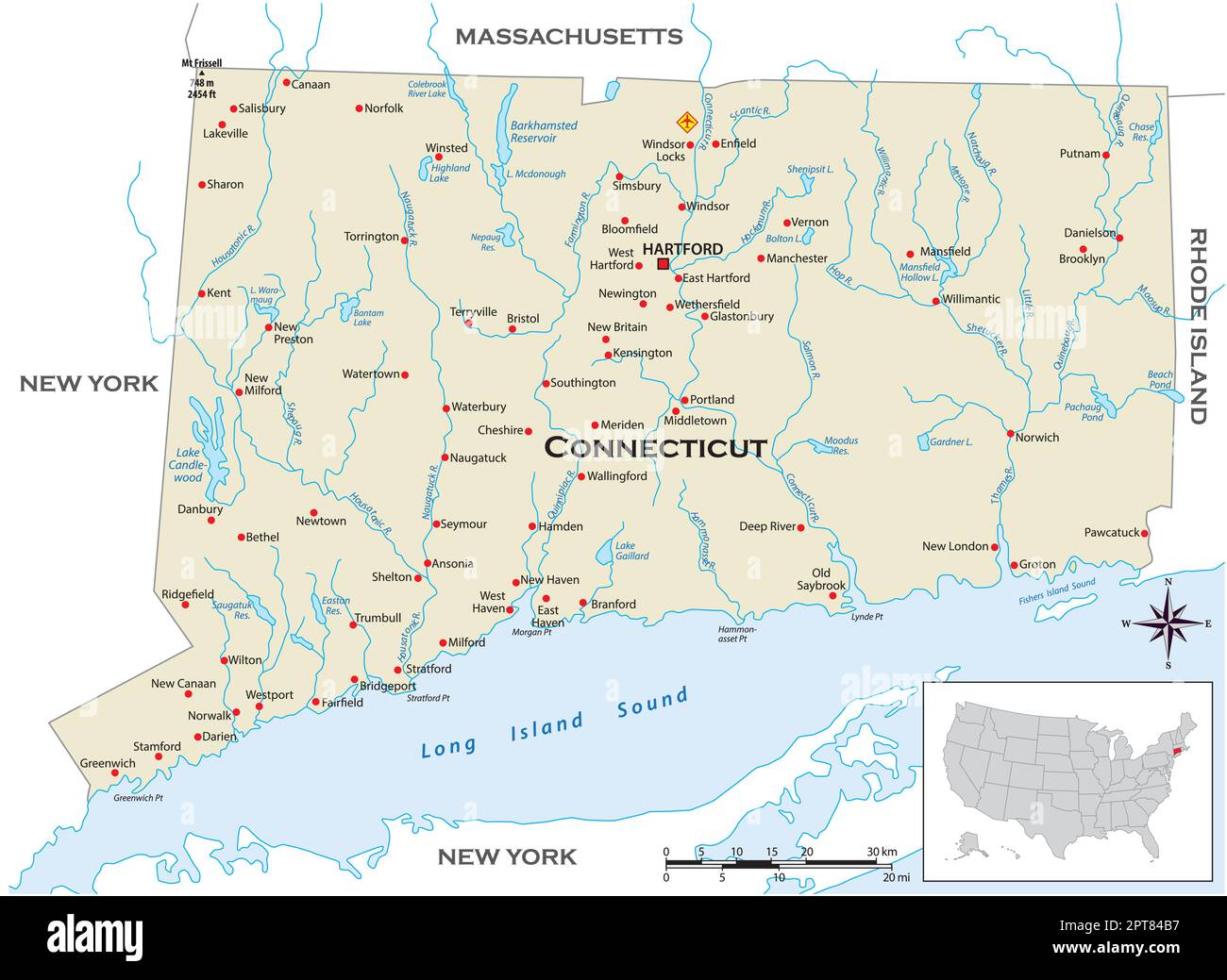 Highly detailed physical map of the US state of Connecticut Stock ...