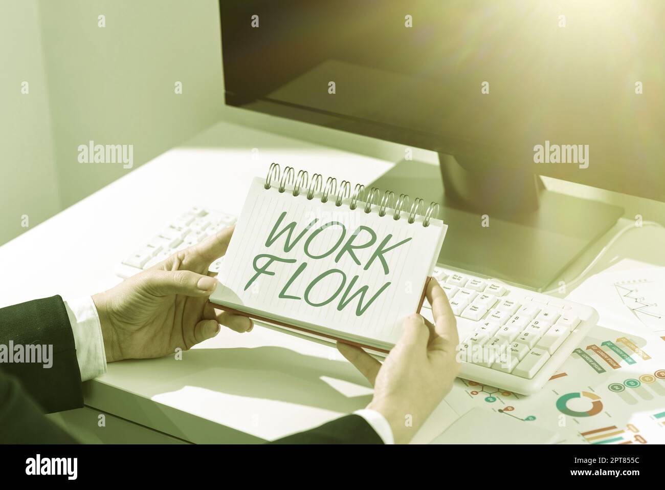 Text caption presenting Work Flow, Business concept Continuity of a certain task to and from an ...