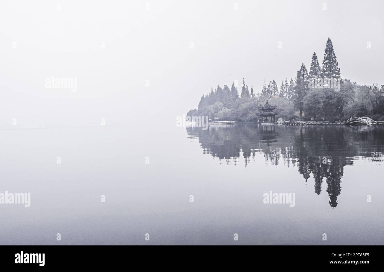 Panorama scenery of Morning fall nature misty foggy scene: forest with ...