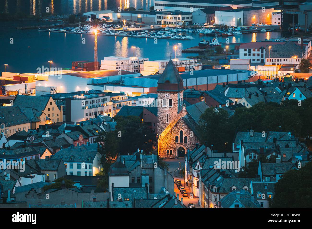 Alesund, Norway. Night View Of Alesund Skyline Cityscape. Historical ...