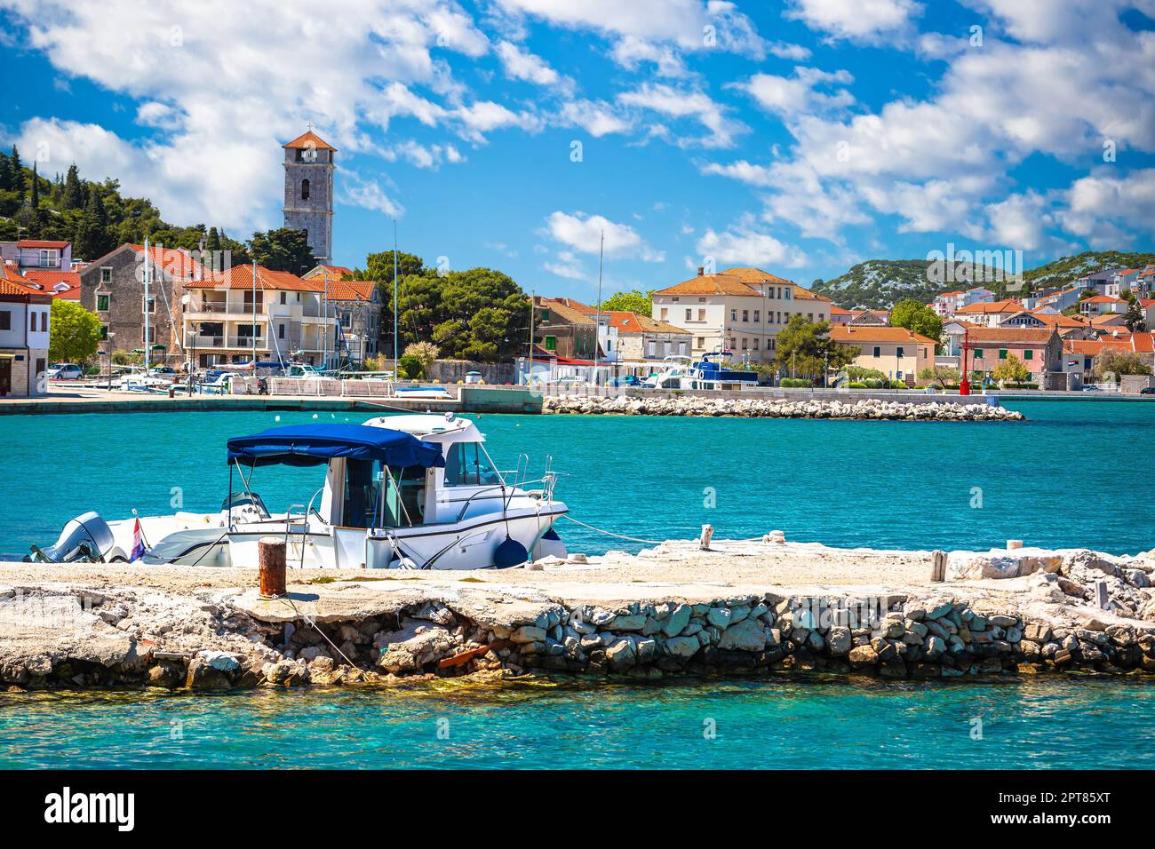 Coastal town of Tisno waterfront view, bridge to island of Murter ...