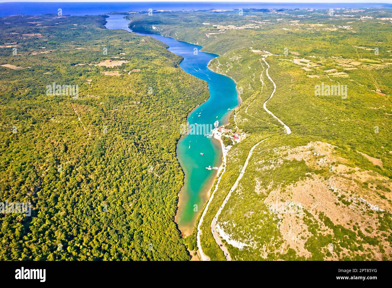 Aerial view of Limski kanal or Lim channel. Fjord in Istra region ...