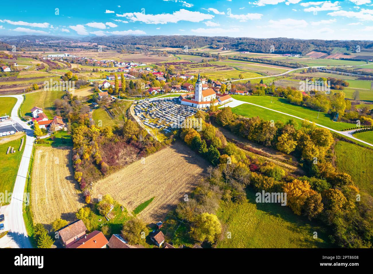 Village of Komin church and green landscape aerial view, Prigorje ...