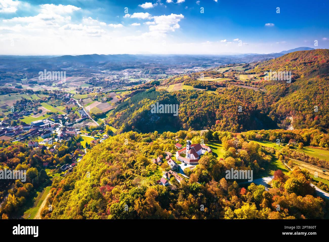 Hilside village of Lobor in Zagorje region aerial view, Ivanscica ...