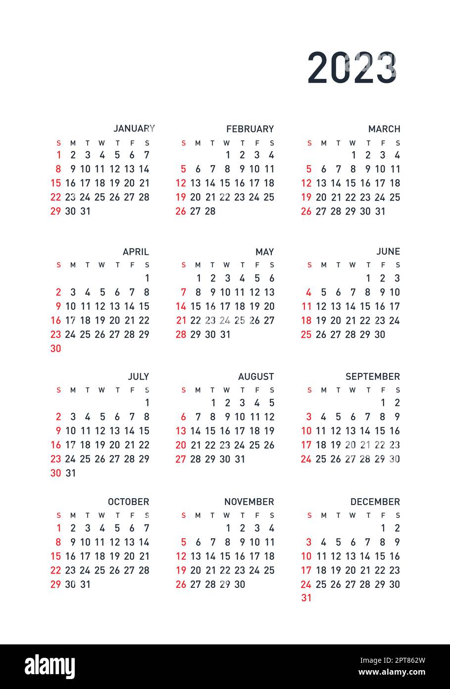 Calendar 2023 year. Black and white vector template. Week starts on ...