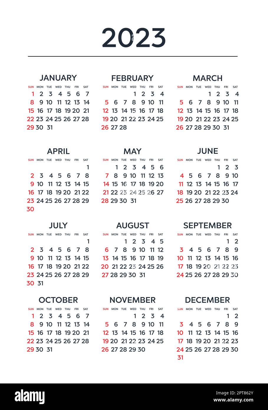 Calendar 2023 year. Black and white vector template. Week starts on ...