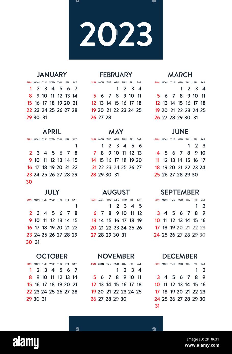 Calendar 2023 year. Black and white vector template. Week starts on ...