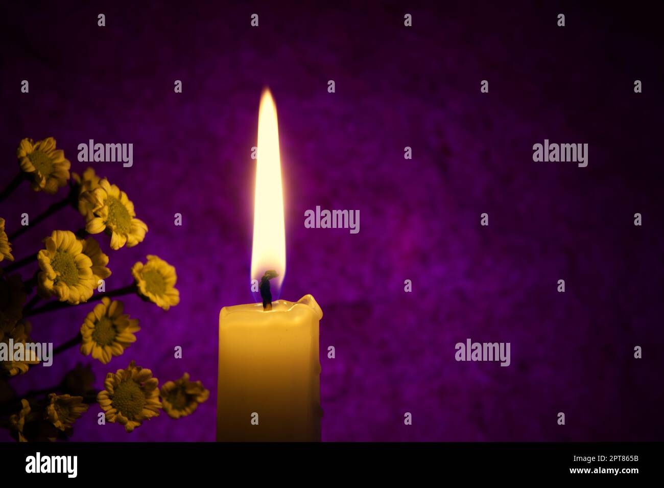 Close up of orange wax candle flame and flowers illuminated by the ...