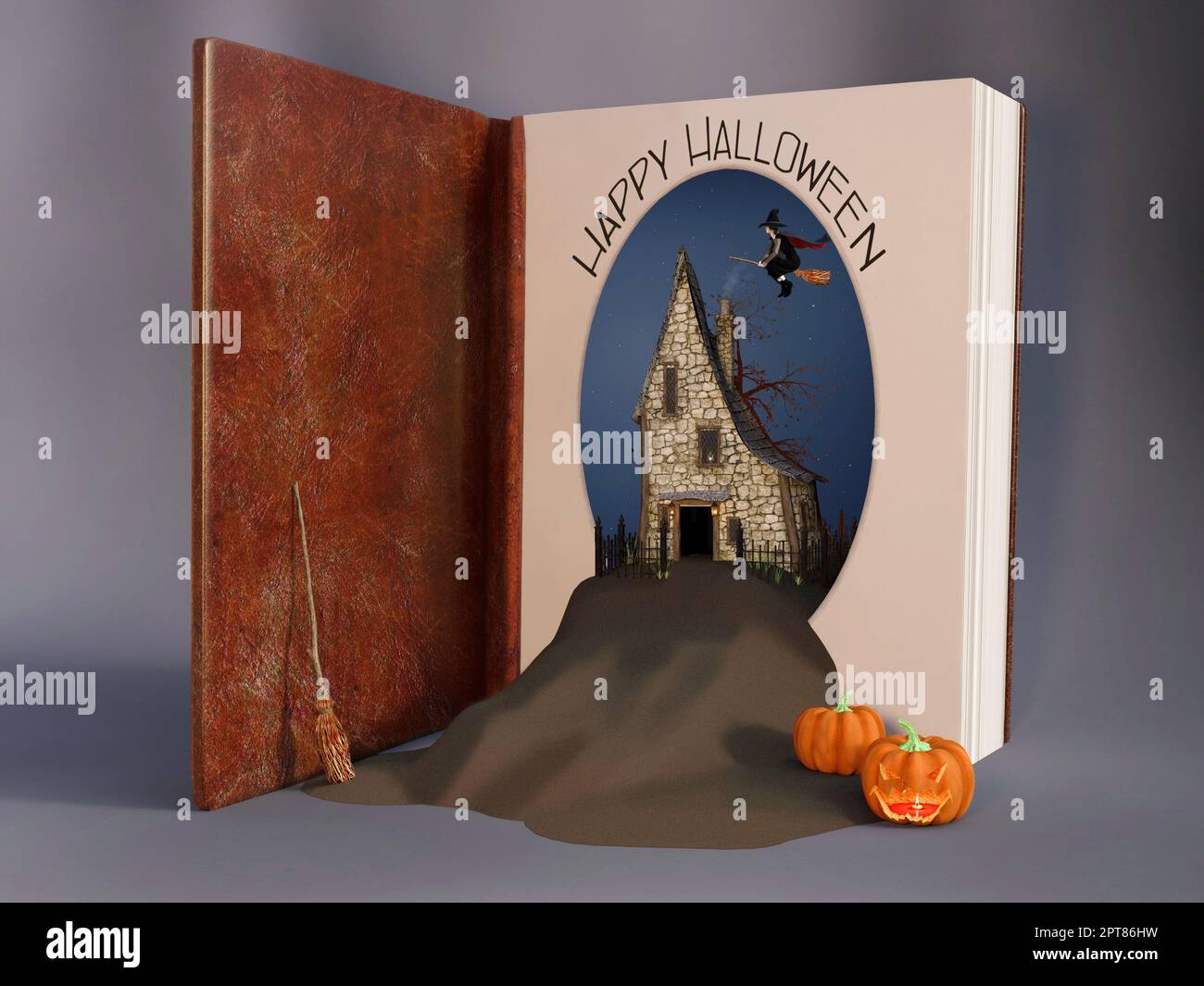 3D rendering of an open book with the words "Happy Halloween" written ...