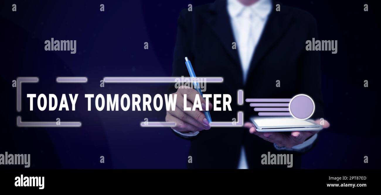 Sign displaying Today Tomorrow Later, Business idea Presently Currently ...