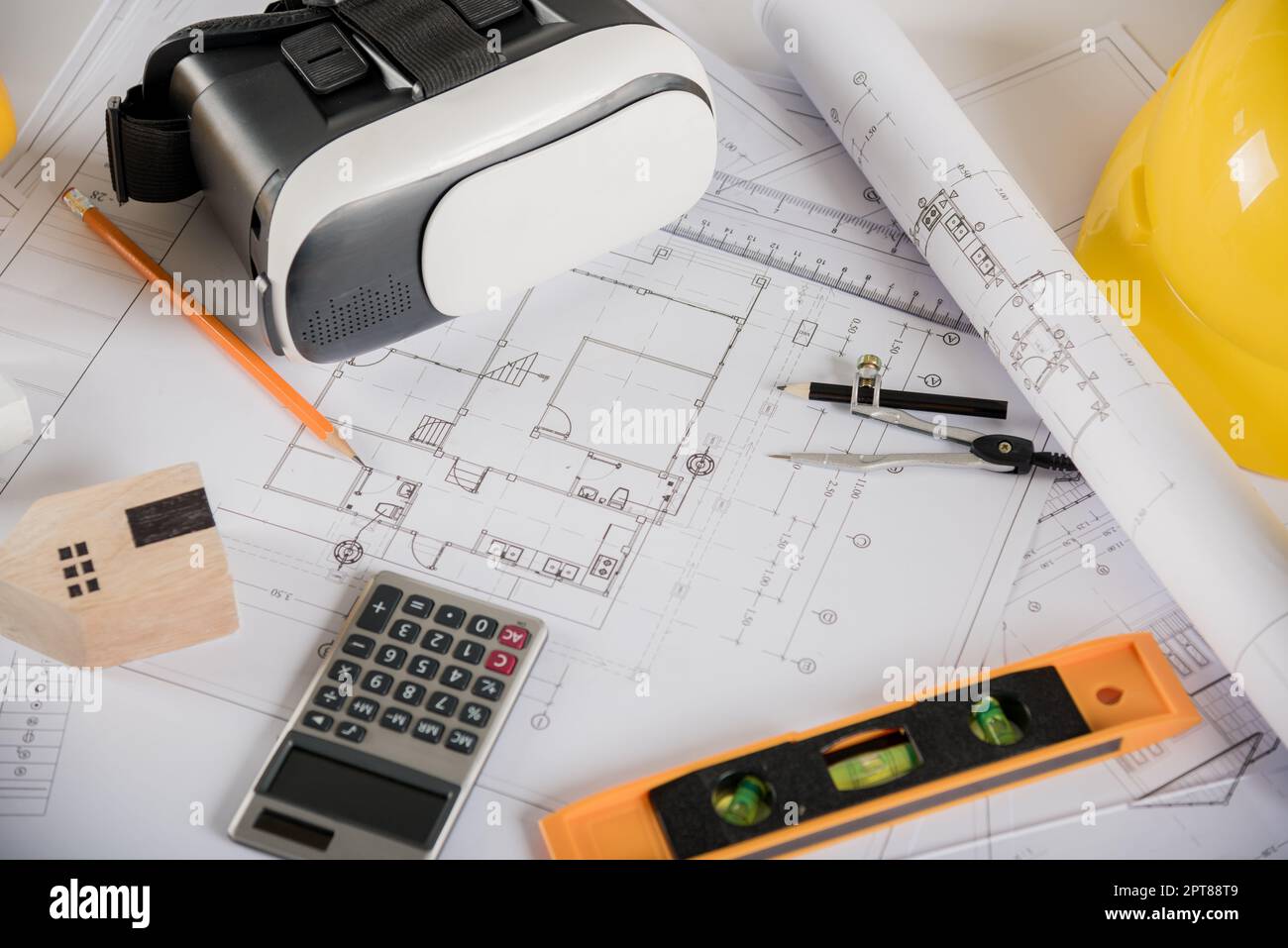Architect workplace top view. Architectural blueprint paper project ...