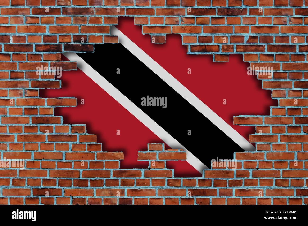 3D Flag of Trinidad and Tobago behind the broken old stone wall ...